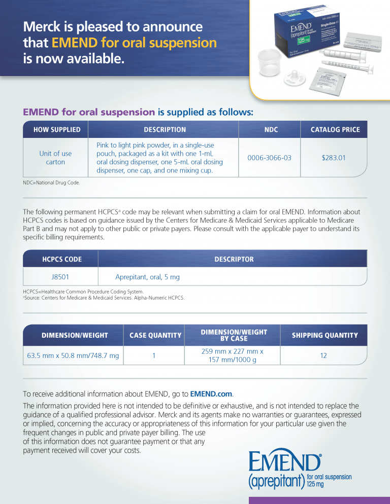 FLASCO / Merck is pleased to announce that EMEND for oral suspension is ...